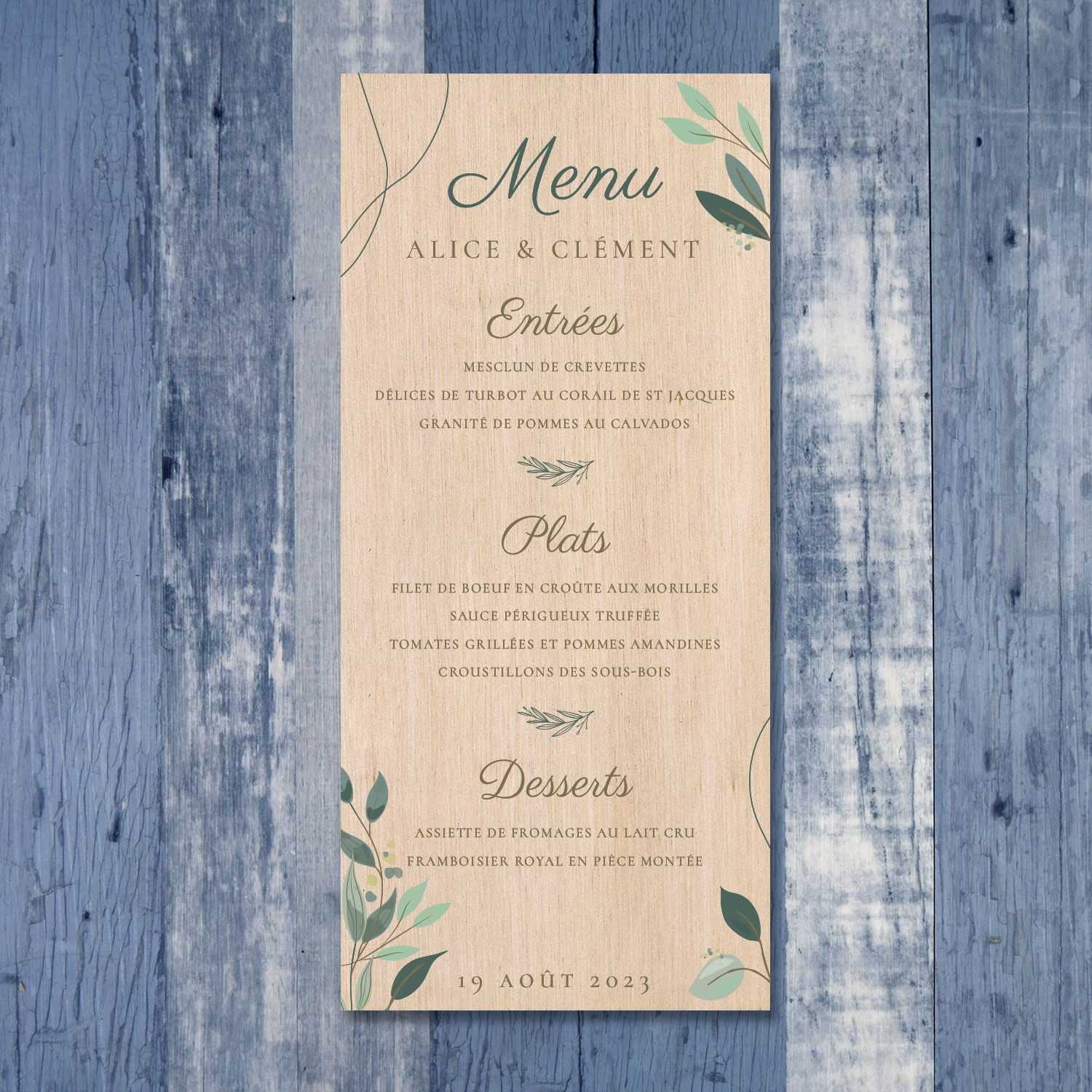 Menu de mariage sur bois - Natural