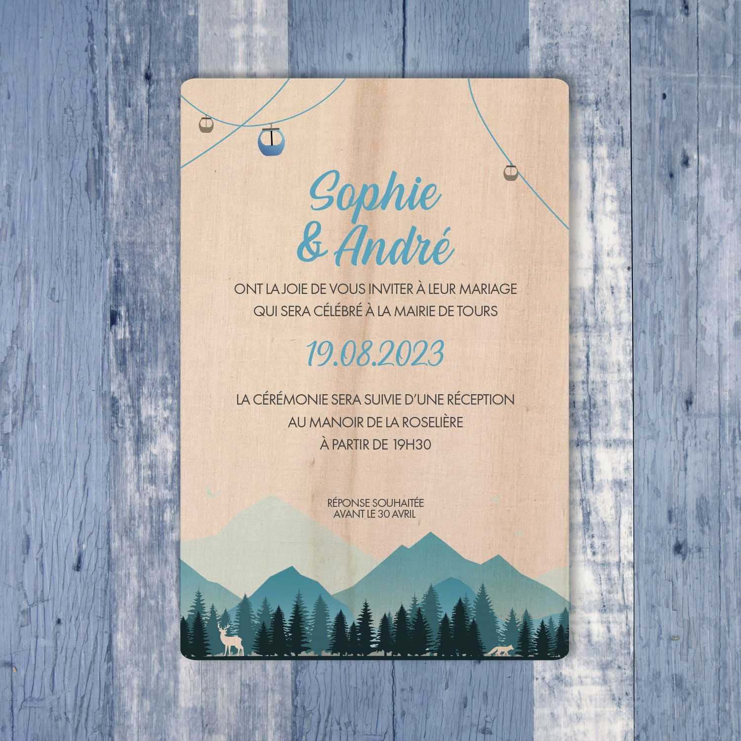 Faire part mariage montagne - Faire-part sur bois fabriqué en France
